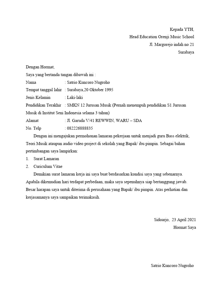 Surat Lamaran Singapore Internasional Academy | PDF