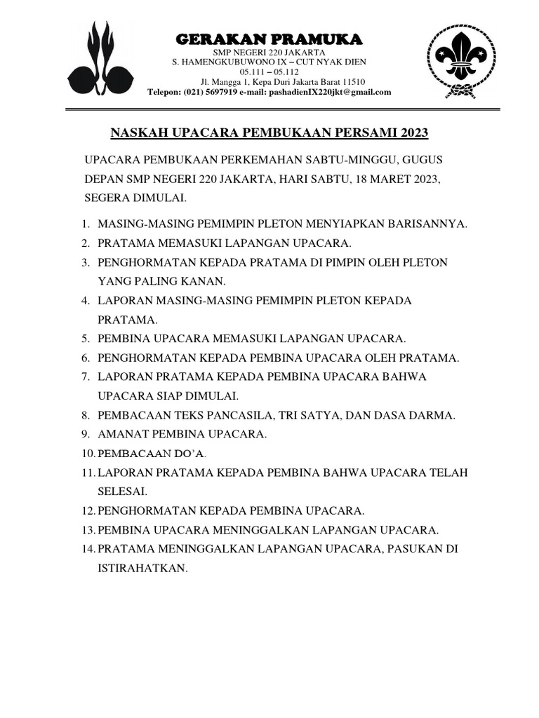 Naskah Upacara Pembukaan, Penutupan, Dan Api Unggun Persami 2023 | PDF