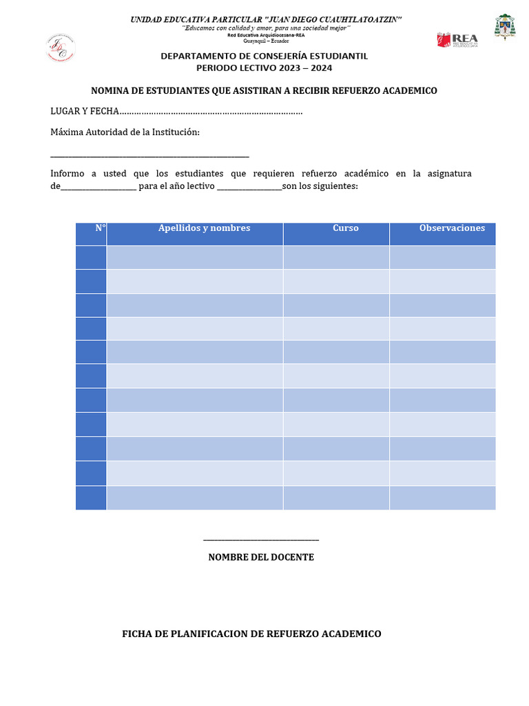 Formato de Refuerzo Academico Jdc,23-1 | PDF | Maestros | Comunicación humana