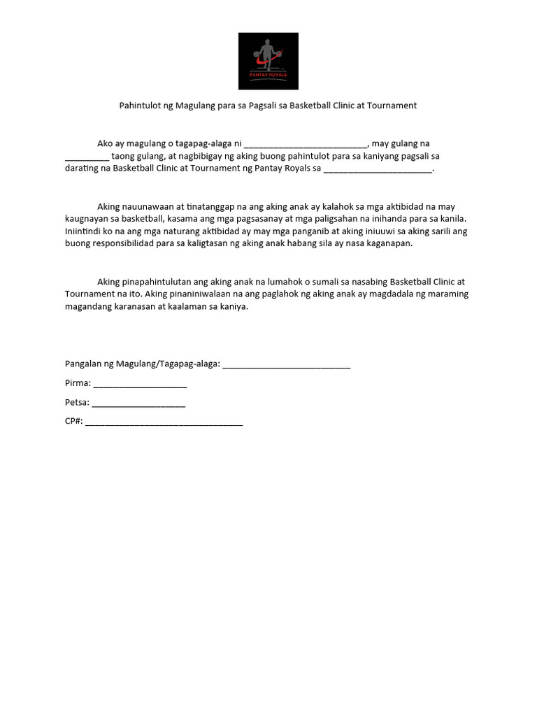 Pahintulot NG Magulang para Sa Pagsali Sa Basketball Clinic at ...