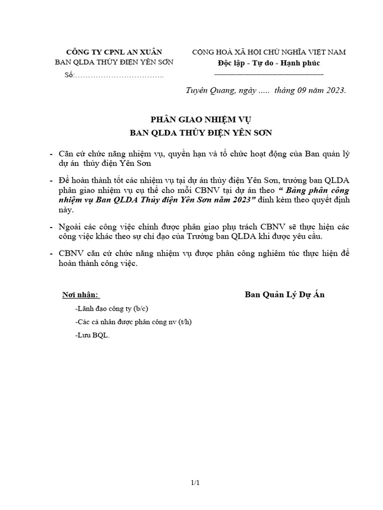 Phân giao nhiệm vụ BQL thủy điện yên sơn | PDF