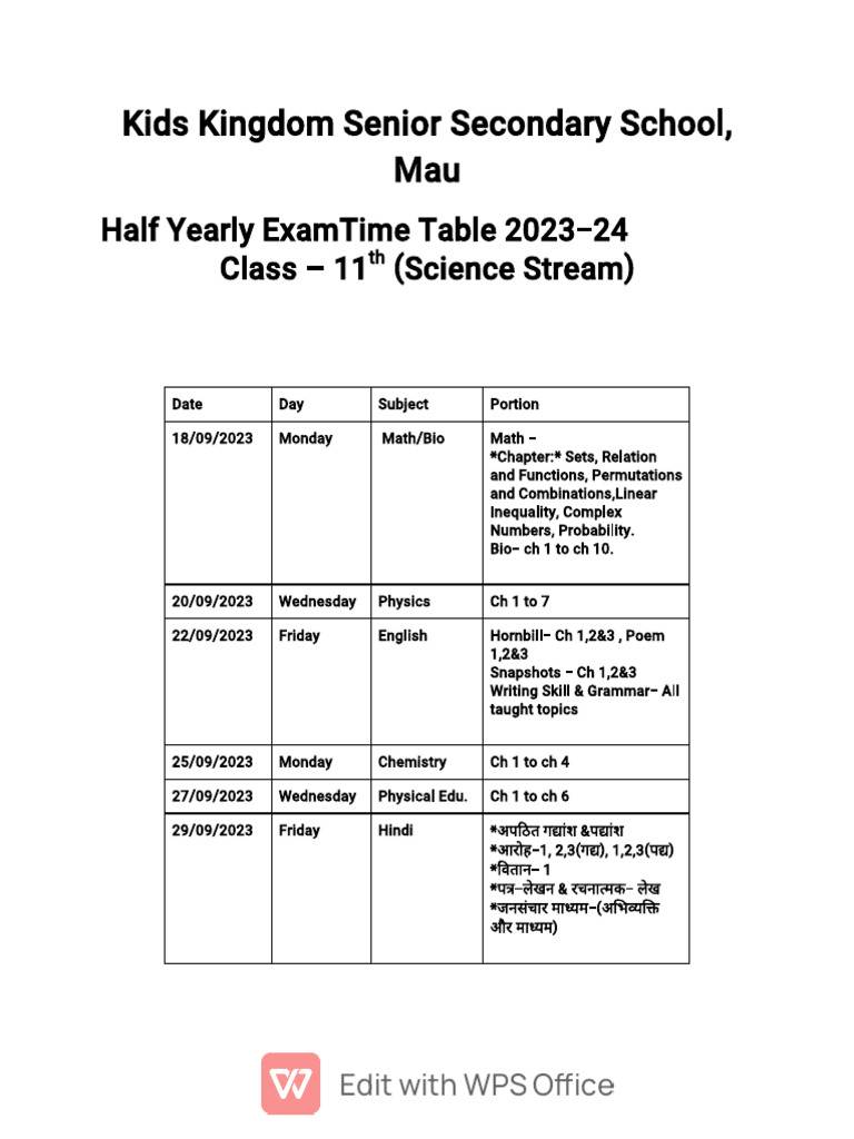 Half Yearly Exam Time Table 11th Science 2023-24 | PDF