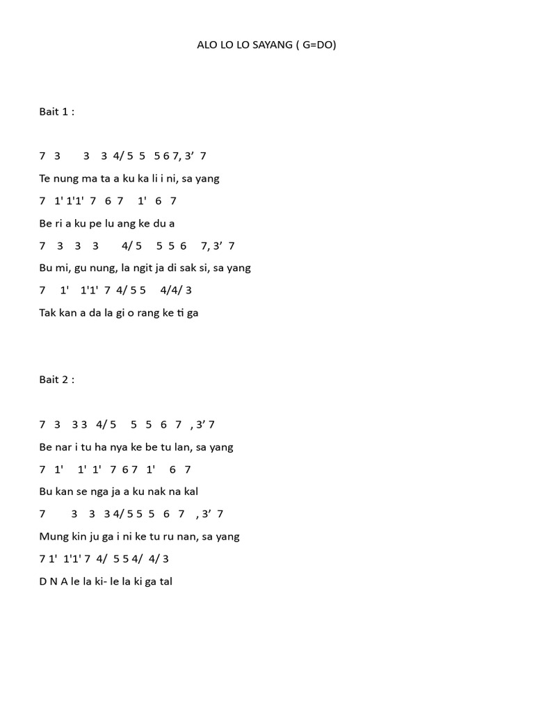 Not Angka Alolo Sayang (G) | PDF | Seni & Disiplin Bahasa