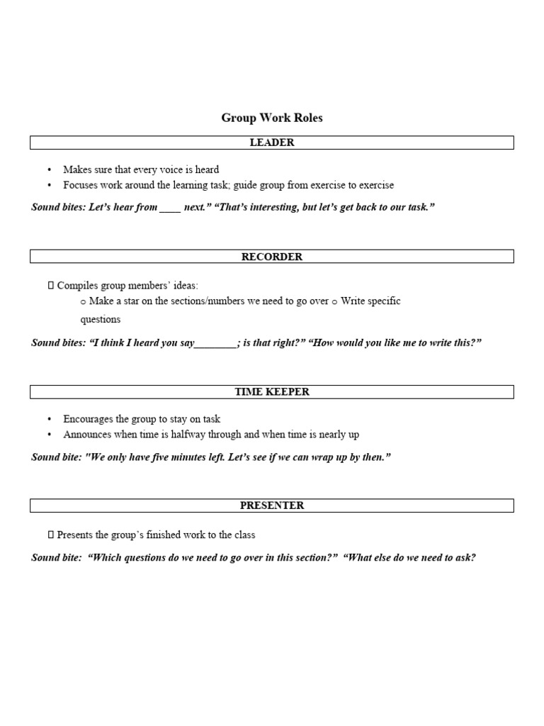 Group Work Roles | PDF