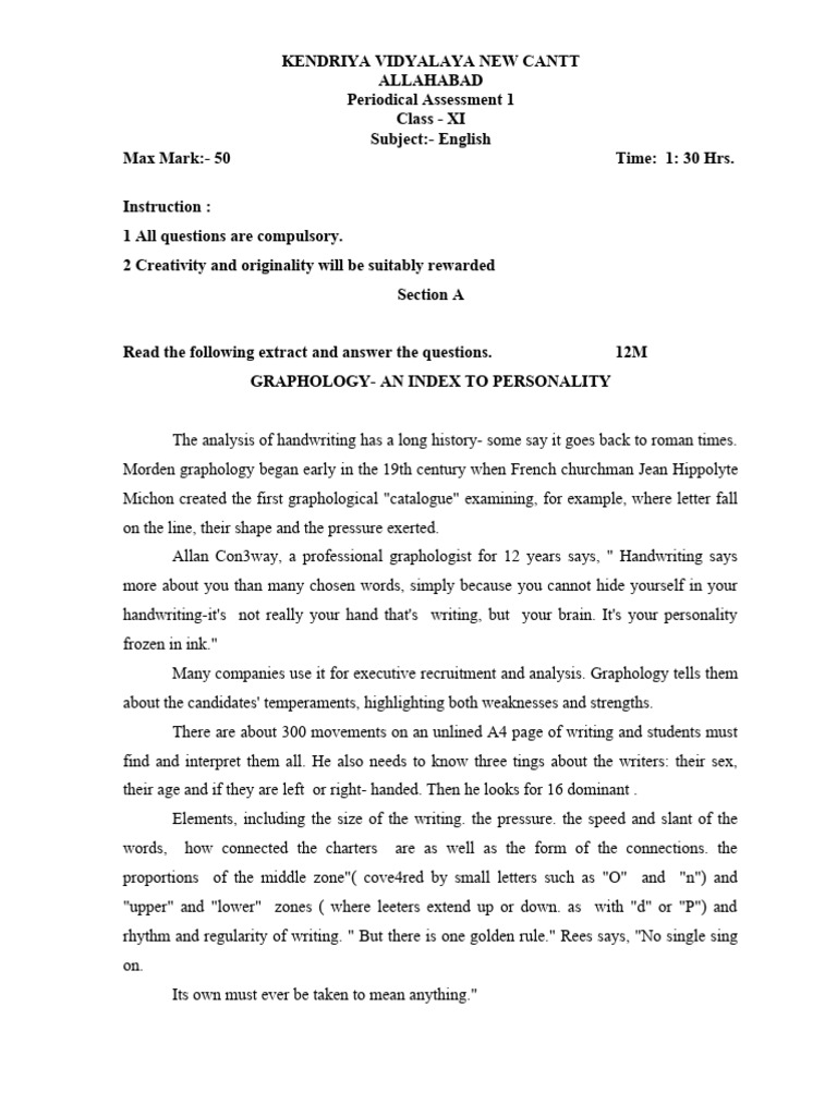 Class Xi English PT 1 2017x | PDF | Graphology | Psychology