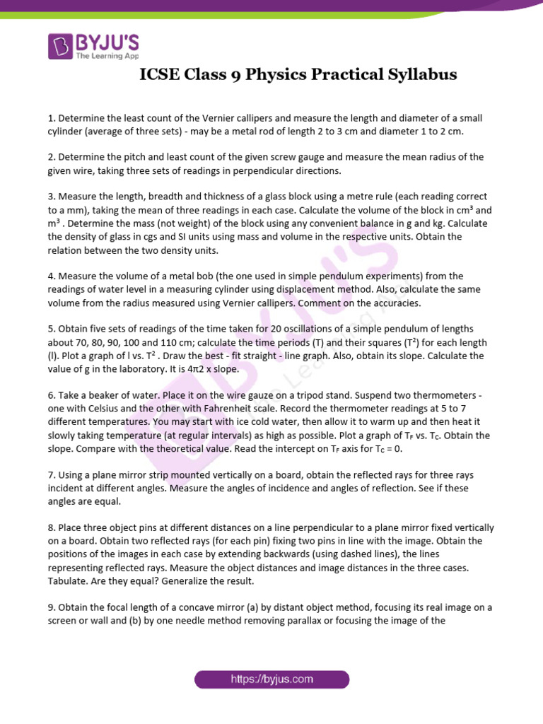 ICSE Class 9 Physics Practical Syllabus | PDF | Volume | Length