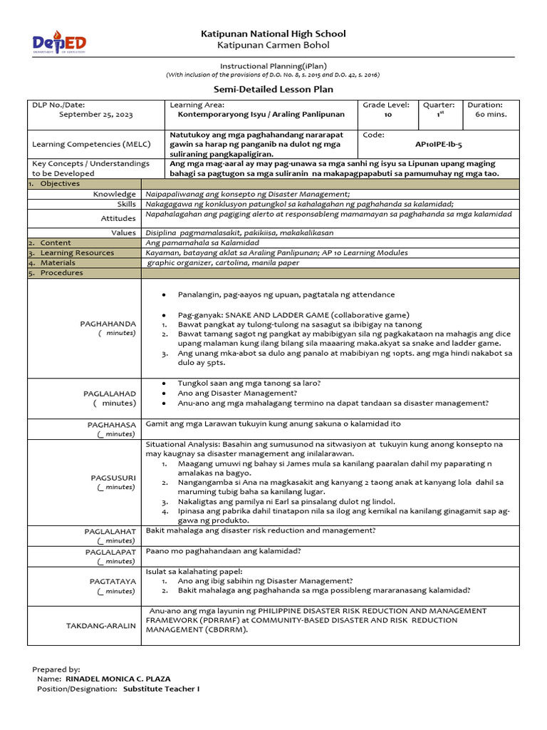 Lesson Plan AP 10 SEPT. 25 | PDF