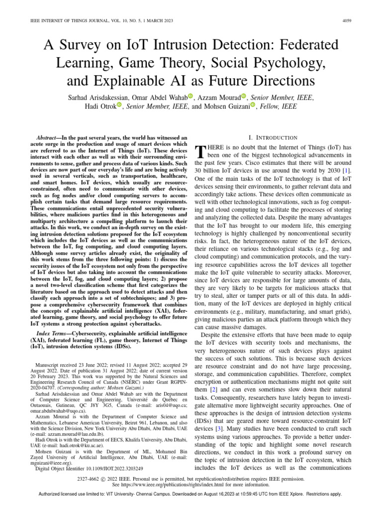 A Survey On Iot Intrusion Detection Federated Learning Game Theory Social Psychology And