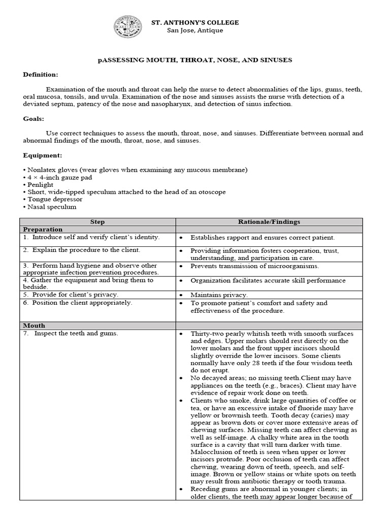 Assessing Mouth Throat Nose and Sinuses | PDF