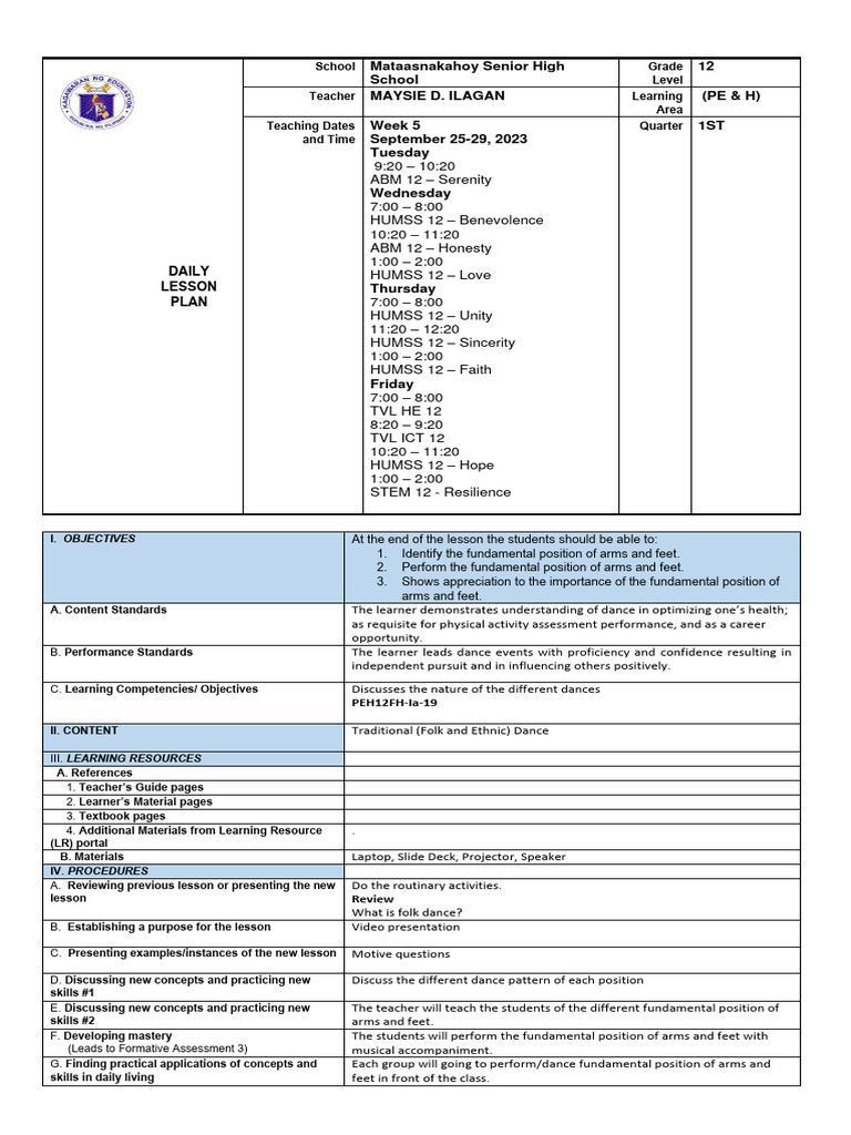 G12 Physical Education and Health (Fundamental Position of Arms and Feet) | PDF | Cognitive ...