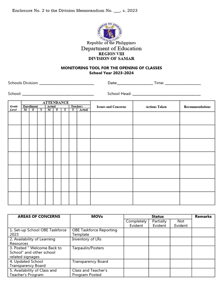 Monitoring Tool For The Opening of Classes SY 2023 2024 | PDF ...