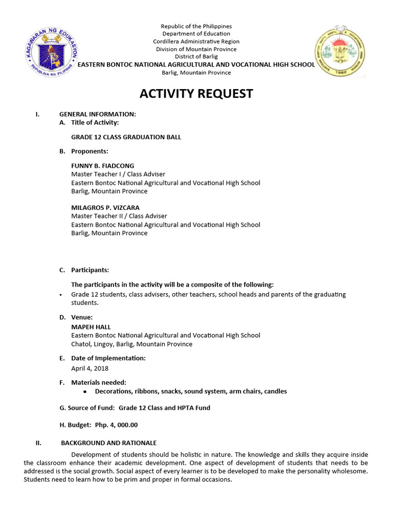 Activity Request For Graduation Ball | PDF