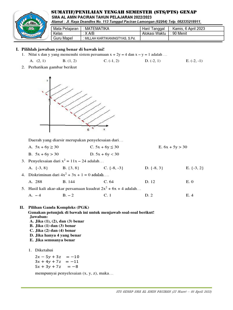 PTS Genap Matematika 10 | PDF
