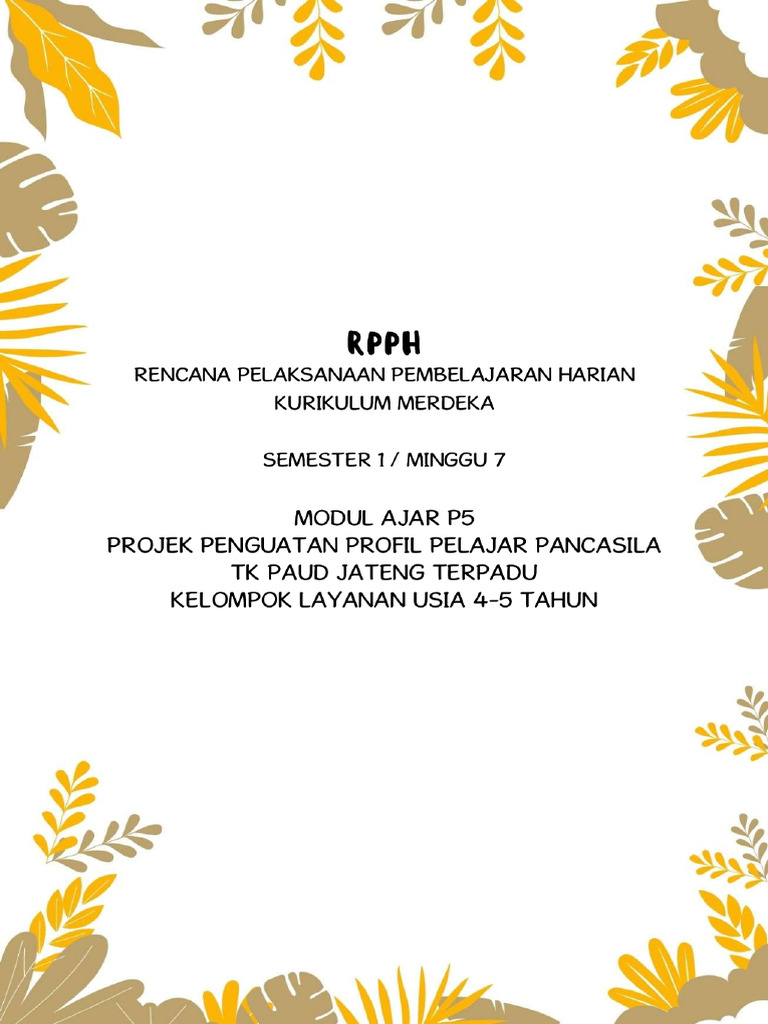 Modul Ajar RPPH TK A 4 5 Tahun Kurmer Smt1 Minggu 7 | PDF