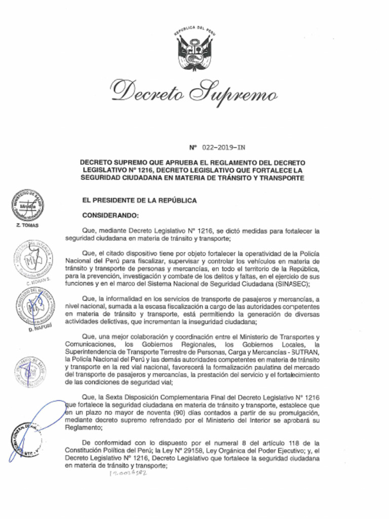 D.S. N 022-2019-In Decreto Supremo Que Aprueba El Reglamento Del Decreto Legislativo N 1216 DL ...