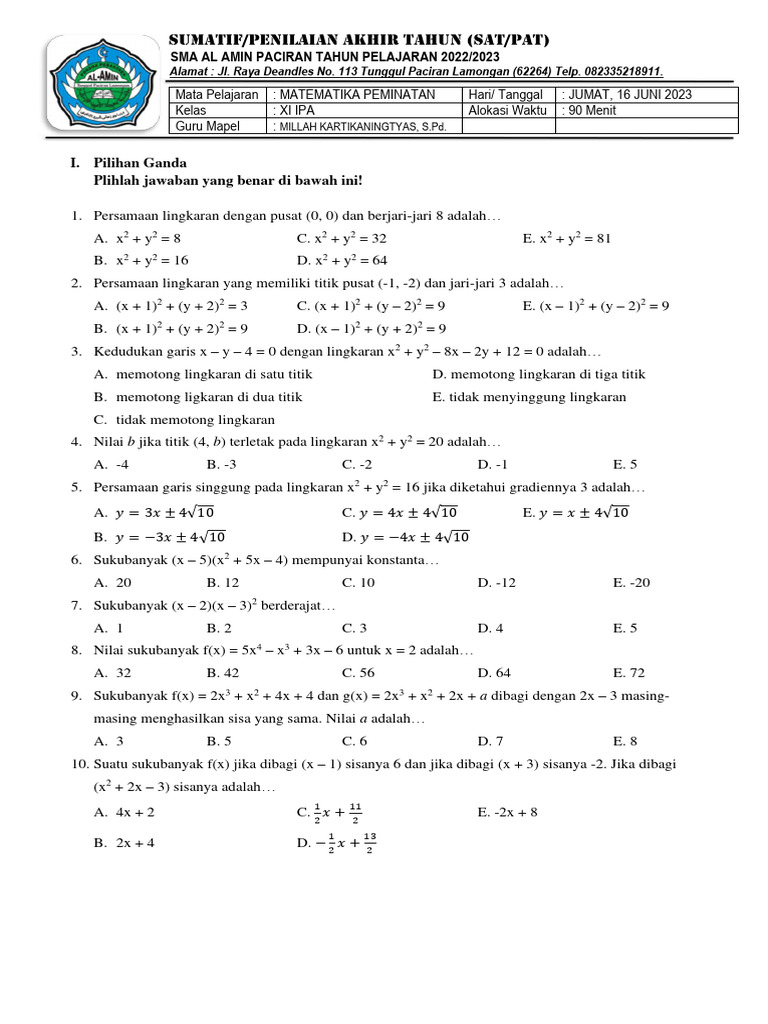 Soal Pat Matematika Peminatan 11 Ipa | PDF