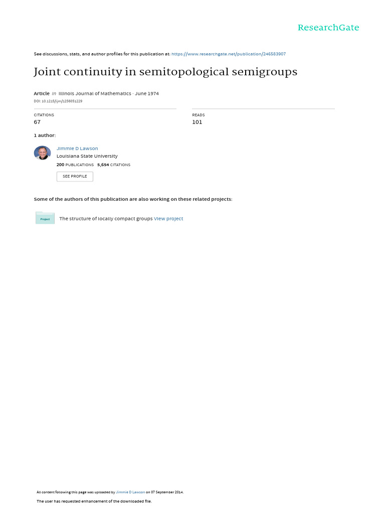 Joint Continuity in Semitopological Semigroups | PDF