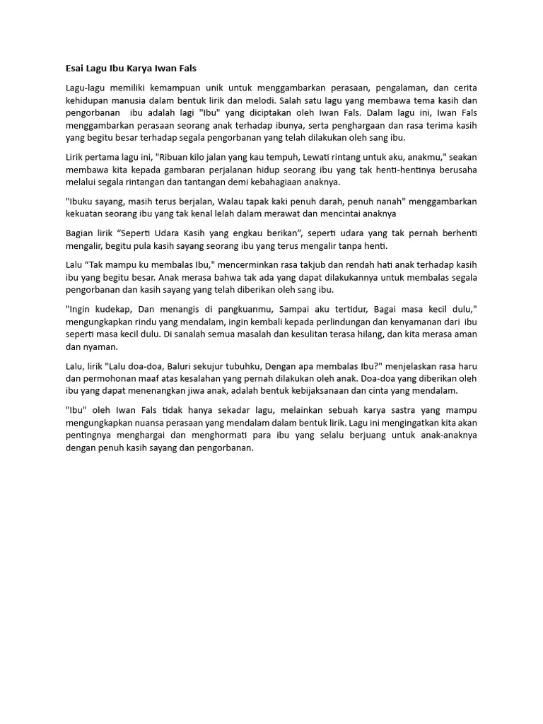 Esai Lagu Ibu Karya Iwan Fals | PDF