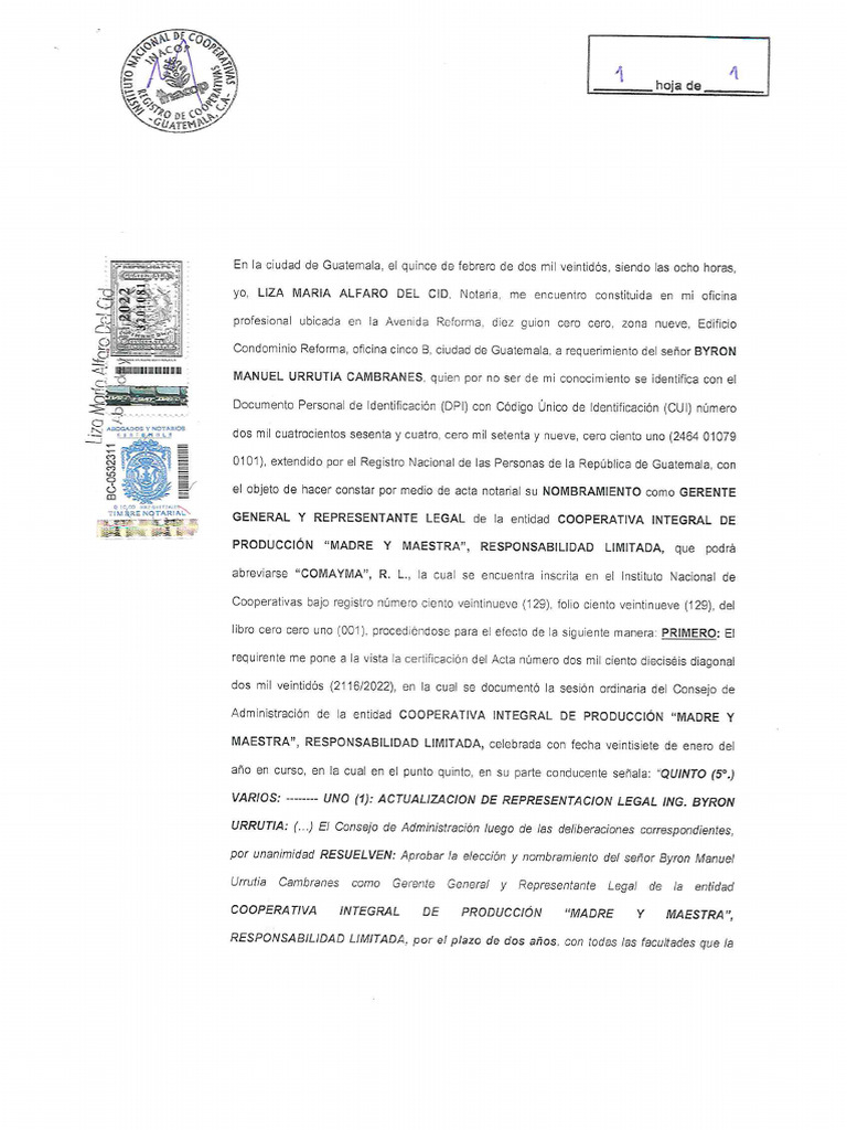 Acta Notarial Renovación Representación Legal. | PDF