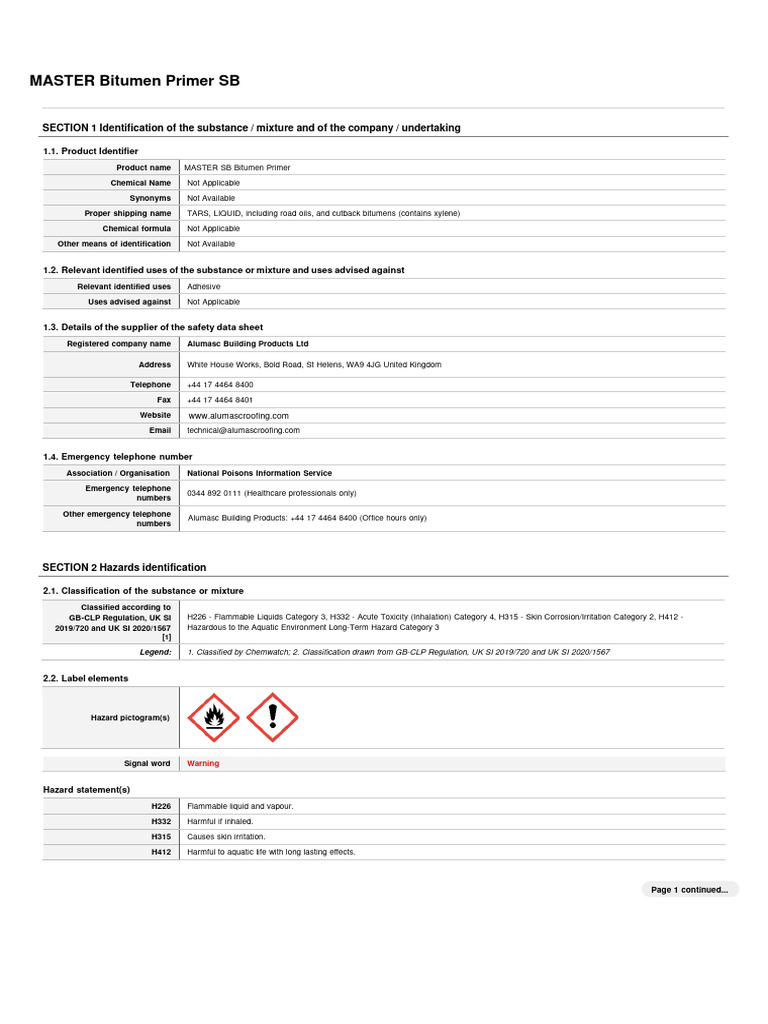 Msds Bitumen Primer SB | PDF