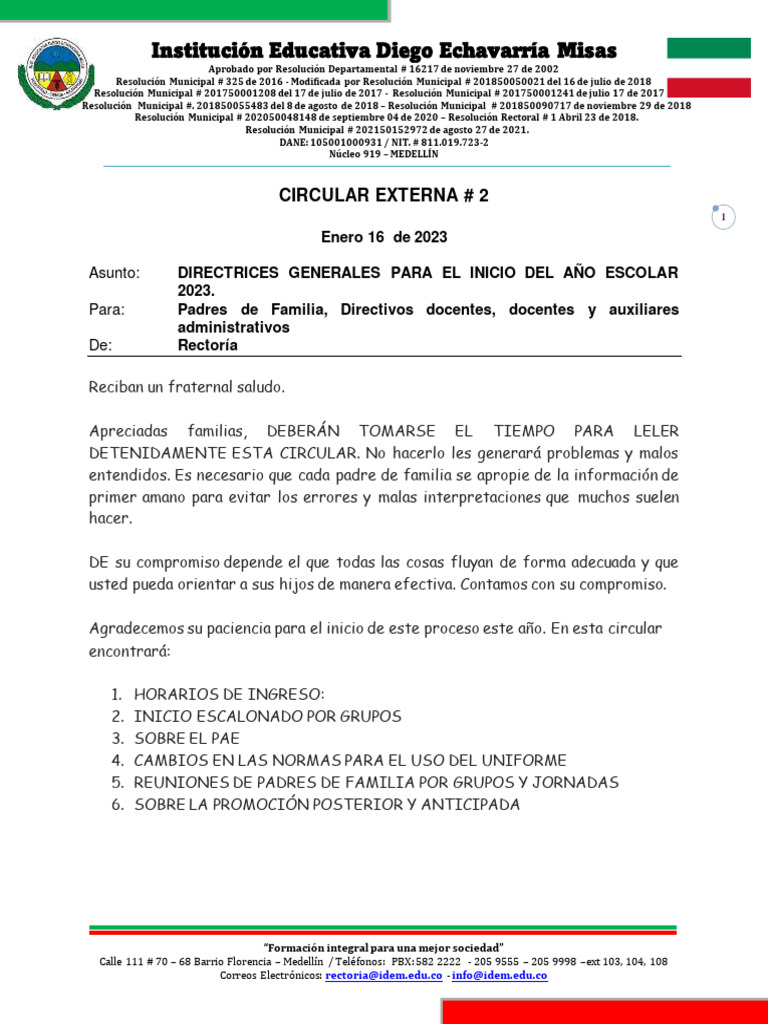 Circular Externa #2 - Inicio Del Año Escolar - Direct Grales | PDF ...