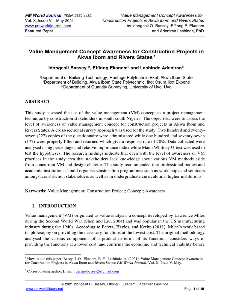 Bassey Ekanem Adeniran Value Management Awareness For Construction | PDF