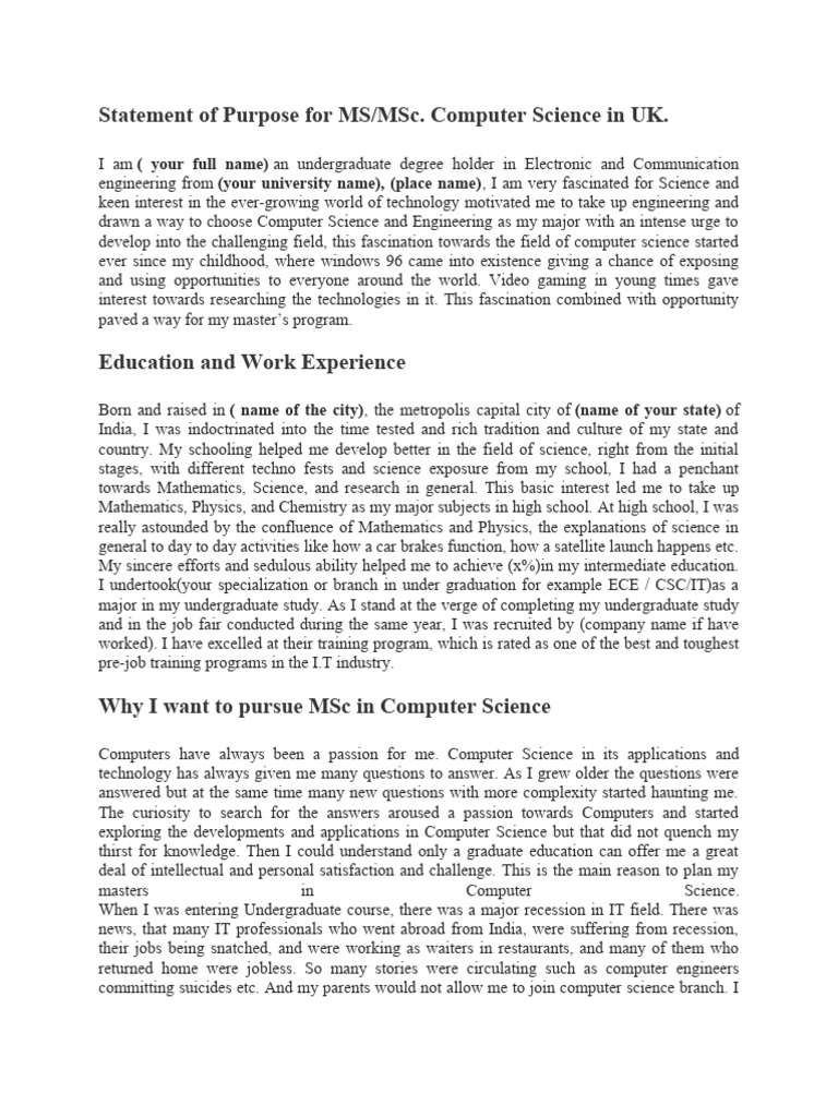 Statement of Purpose: MSc Computer Science UK | PDF | University | Science