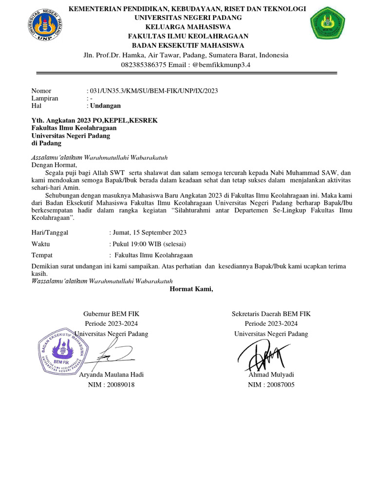 Surat Undangan Angkatan 23 Po, Kepel, Kesrek Fik Unp | PDF