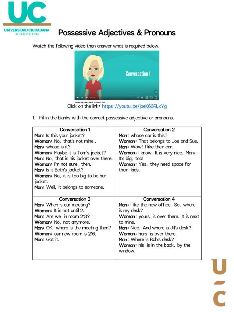 Possessive Adjectives Pronouns | PDF
