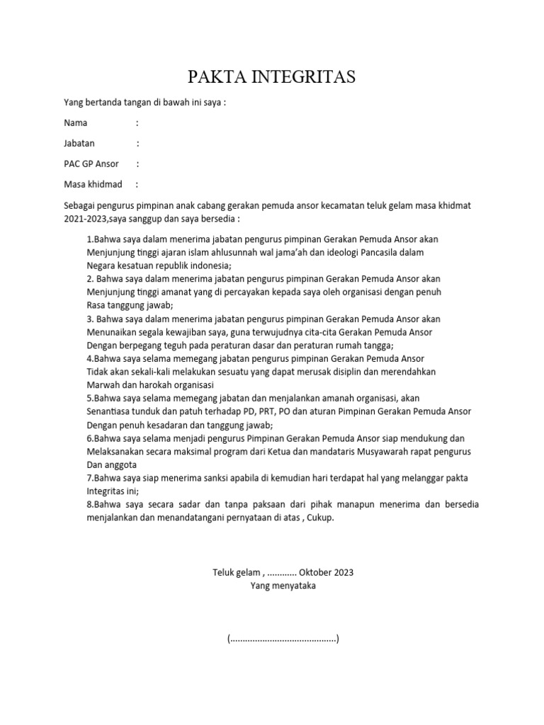 PAKTA INTEGRITAS Ansor | PDF