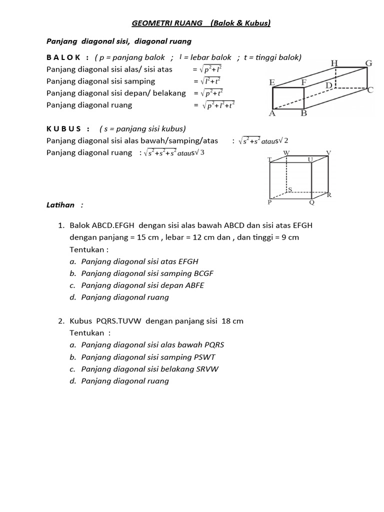 Rumus & Latihan Diagonal Balok & Kubus | PDF | Metode & Bahan Ajar