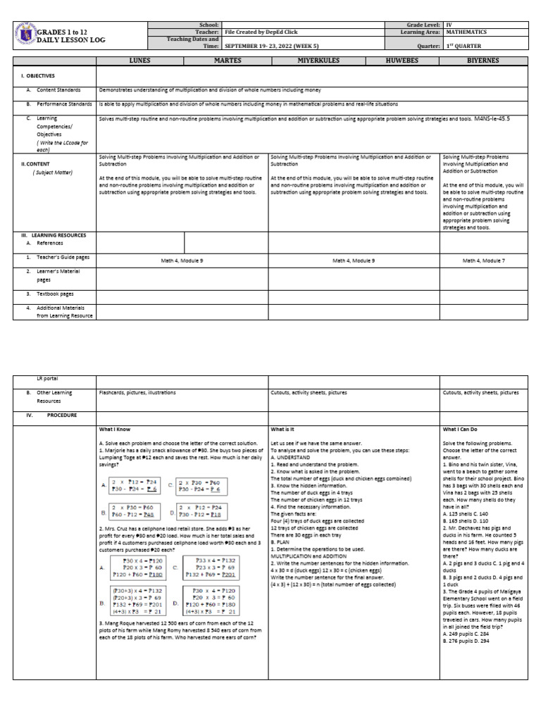 DLL - Mathematics 4 - Q1 - W5 | PDF | Mathematics | Learning