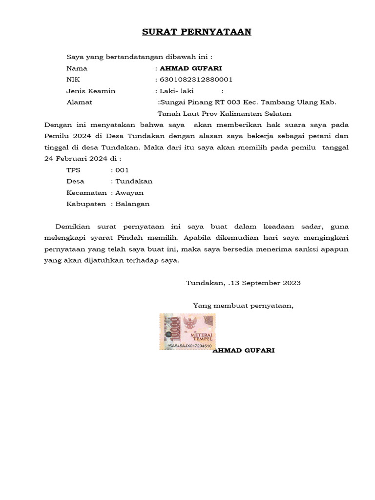 Contoh Surat Pernyataan | PDF