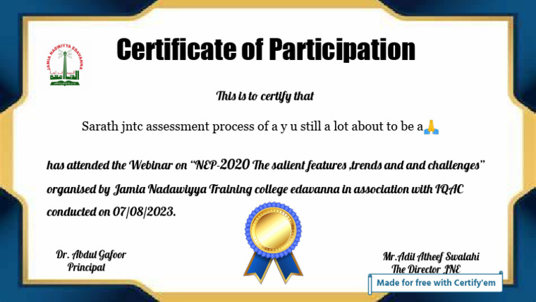 Certificate For Teacher For - Webinar On NEP 2020-Salient... | PDF