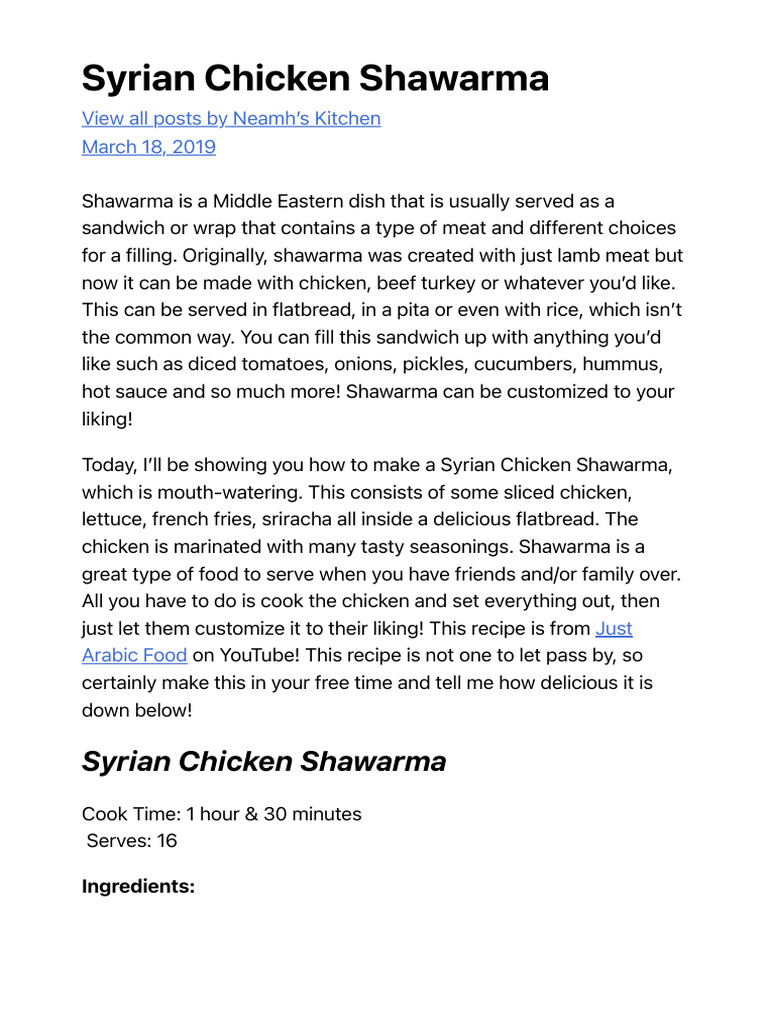 Syrian Chicken Shawarma - Neamh's Kitchen | PDF | Foods | Food Ingredients