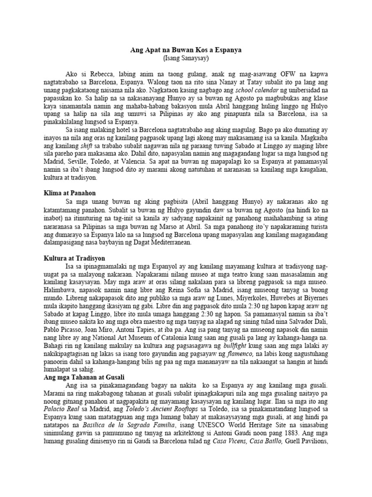 Ang Apat Na Buwan Kos A Espanya | PDF