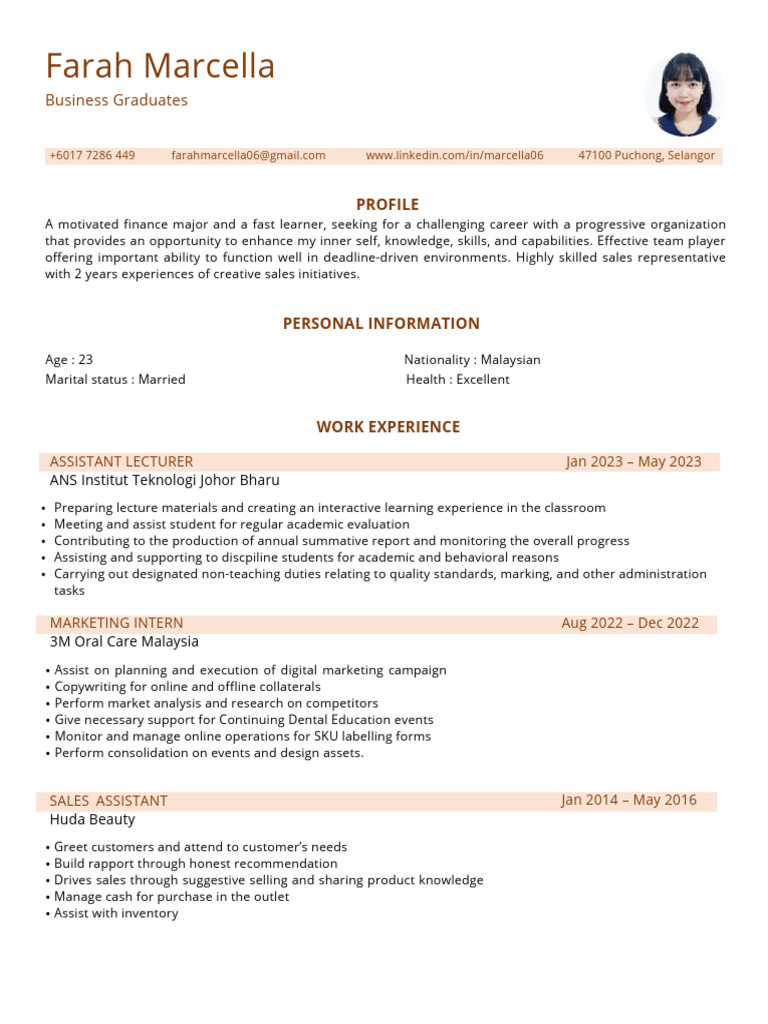 Farah Marcella Resume Compressed PDF | PDF | Sales | Learning