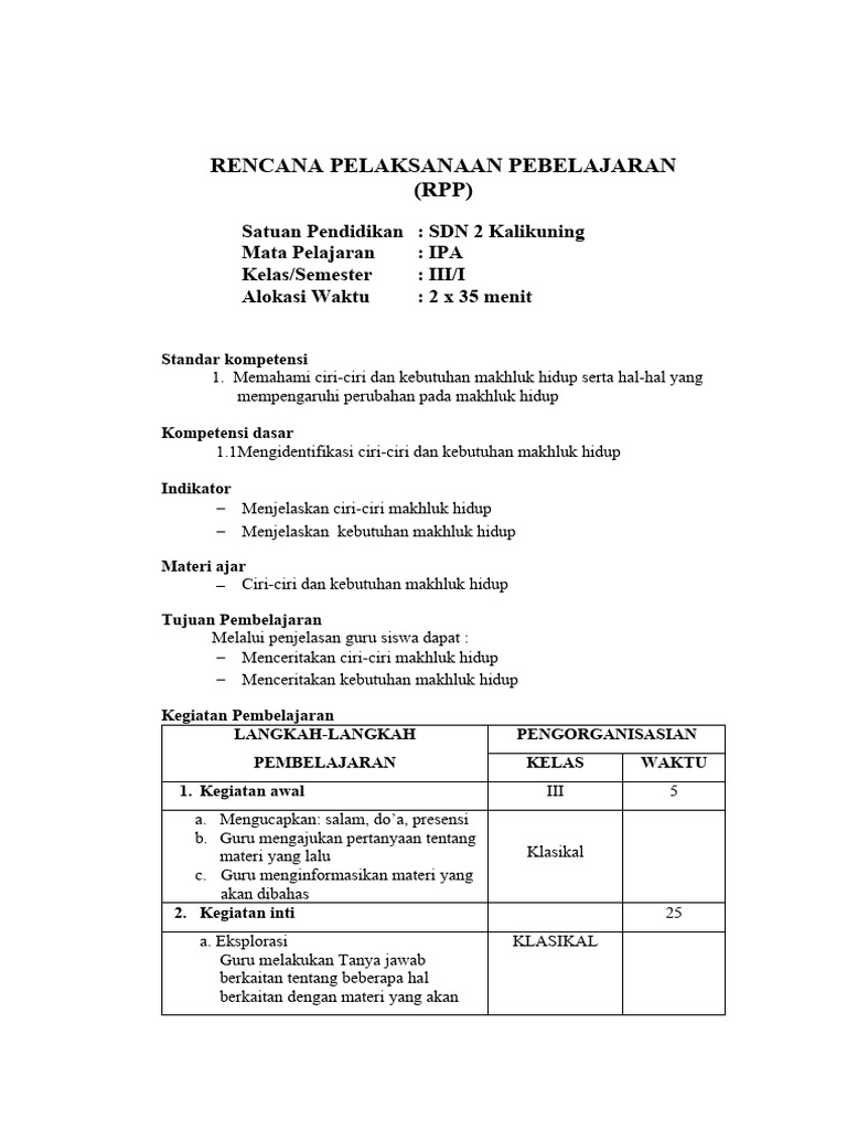 RPP Kelas 3 Awal-Pra Siklus | PDF | Karier & Perkembangan | Sains ...