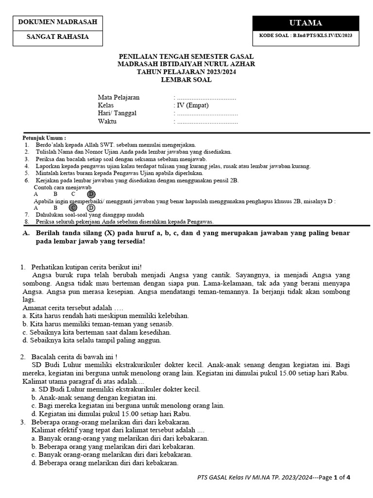 Soal Bahasa Indonesia Kelas Iv (PTS Gasal 2023) | PDF