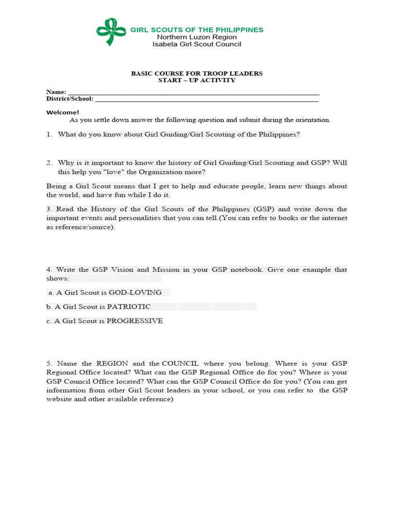 START UP ACTIVITY Basic | PDF | Scouting | Outdoor Recreation Organizations