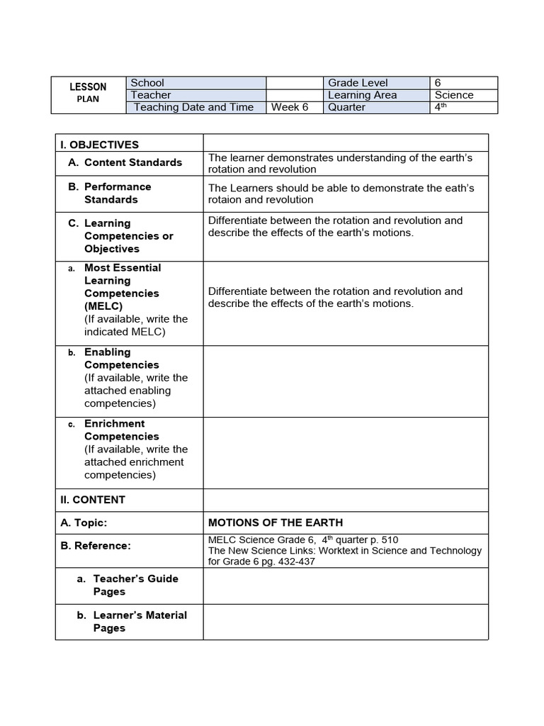 4th Quarter Lesson Plan Science 6 Pdf 6701