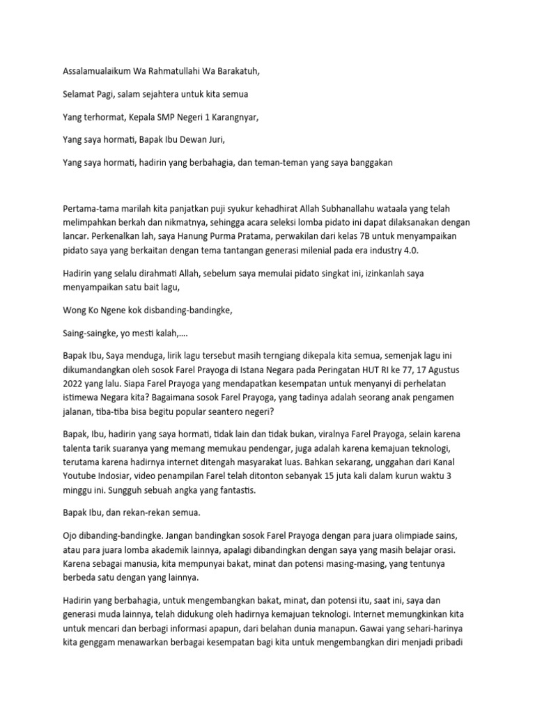 Naskah Pidato Tantangan Generasi Milenial Di Era 4.0 Rev#1 | PDF