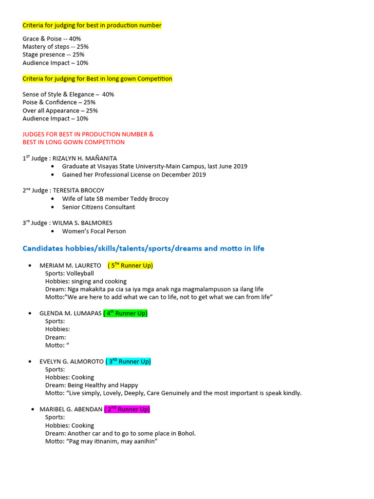 Criteria For Judging For Best in Production Number | PDF