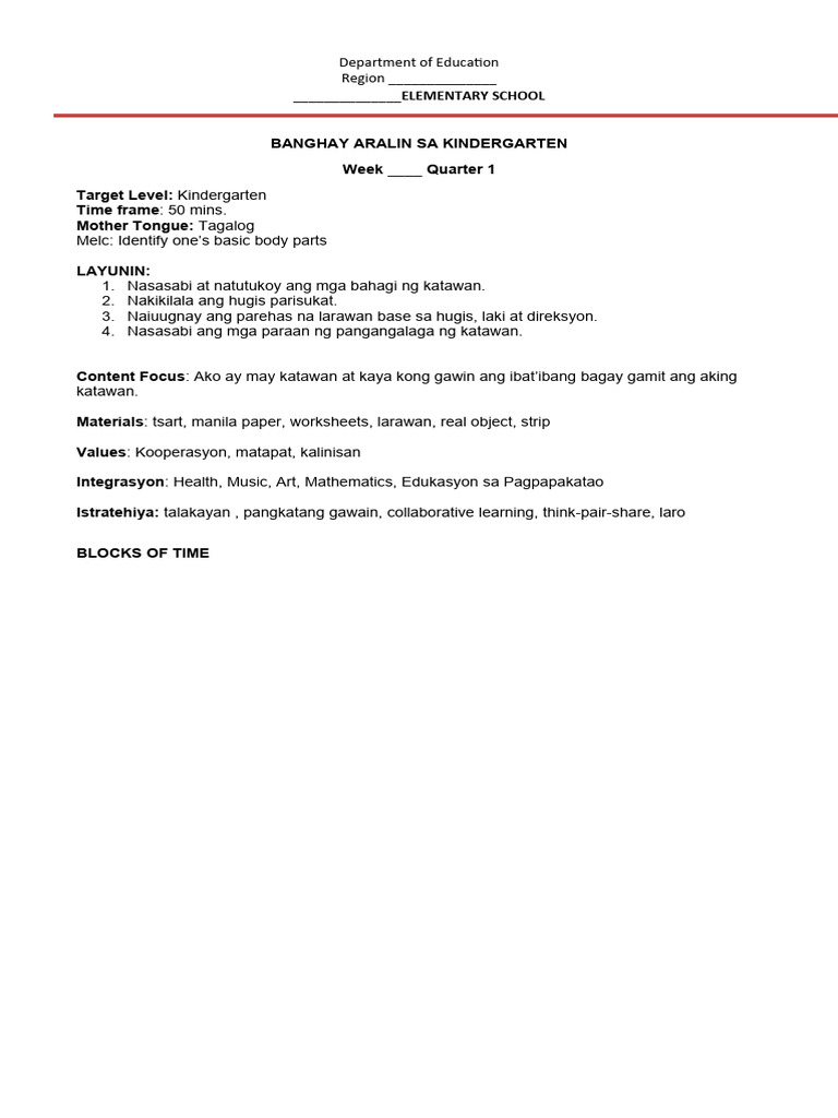 Dlp-Week 6 Quarter 1 Bahagi NG Katawan DLP (Blocks of Time) | PDF