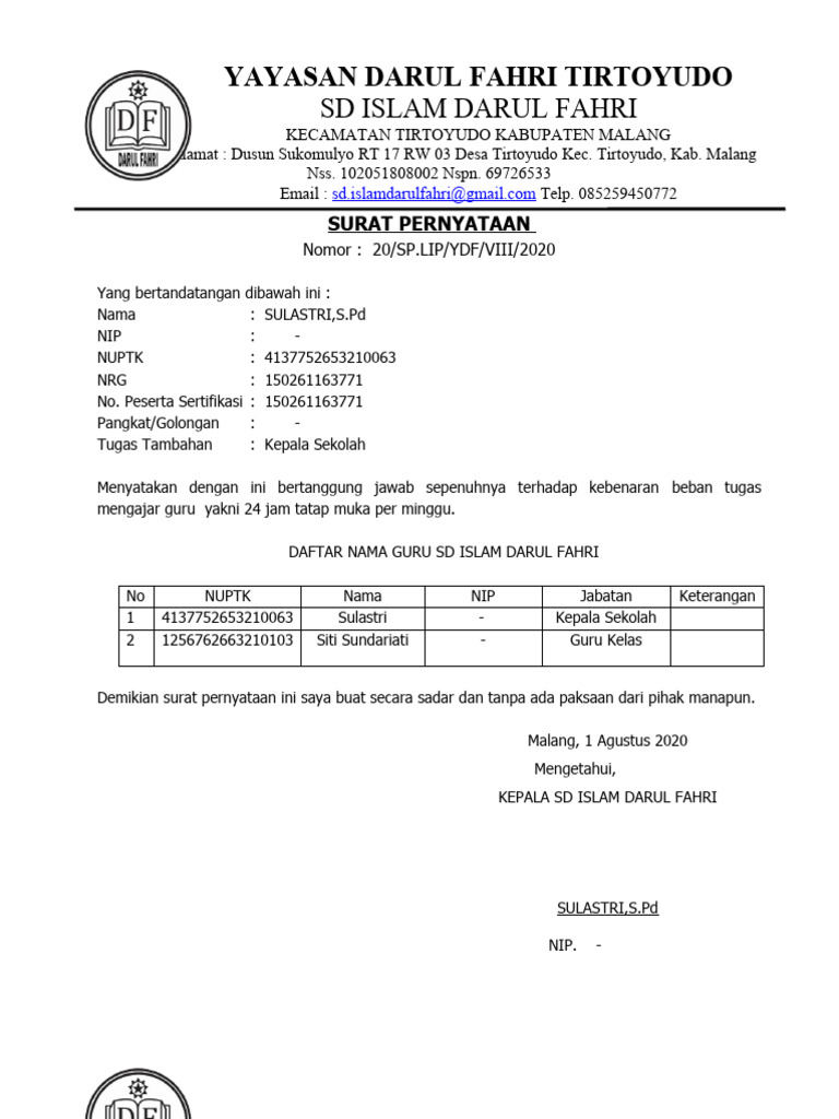 Contoh Surat Pernyataan Validasi TPG Tahun 2019 | PDF