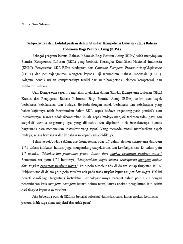 Subjektivitas Dan Ketidakpastian Dalam Standar Kompetensi Lulusan (SKL) Bahasa Indonesia Bagi ...