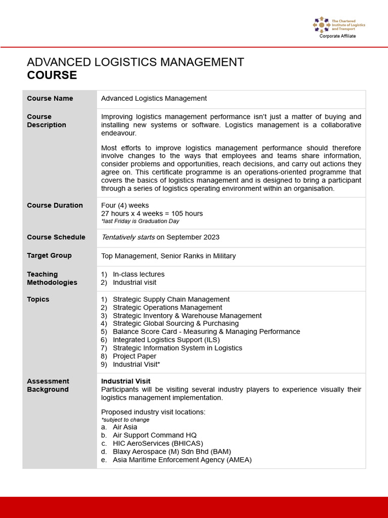 Course Outline (Advanced Logistics Management) | PDF