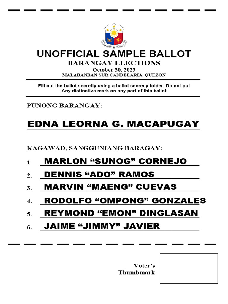 Sample Ballot Barangay Election 2023 | PDF | Sports & Recreation