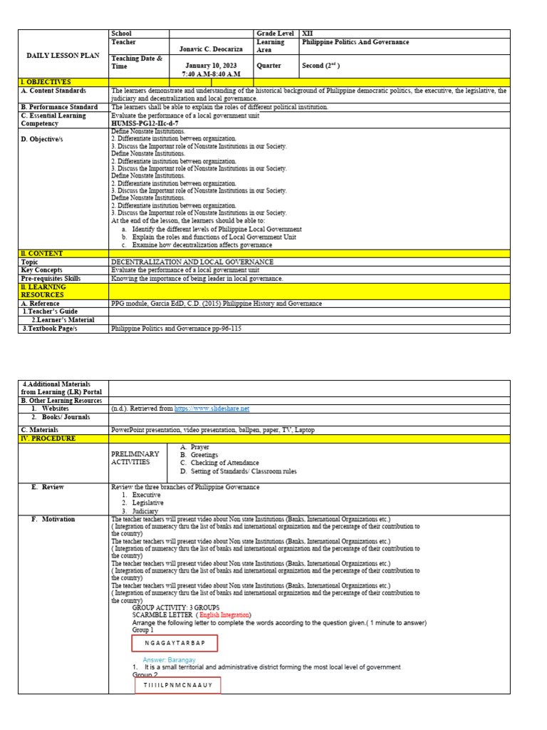 Lesson Plan in PPG (DECENTRALIZATION AND LOCAL GOVERNANCE) | PDF