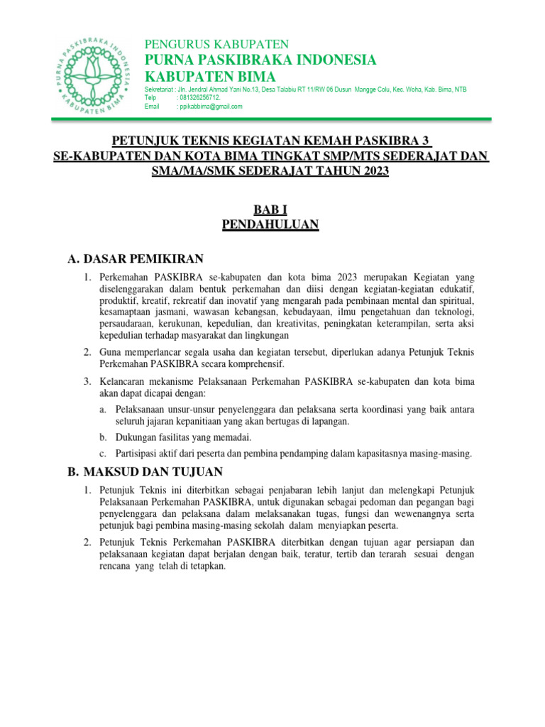 Petunjuk Teknis Kemah PASKIBRA Bima 2023 | PDF
